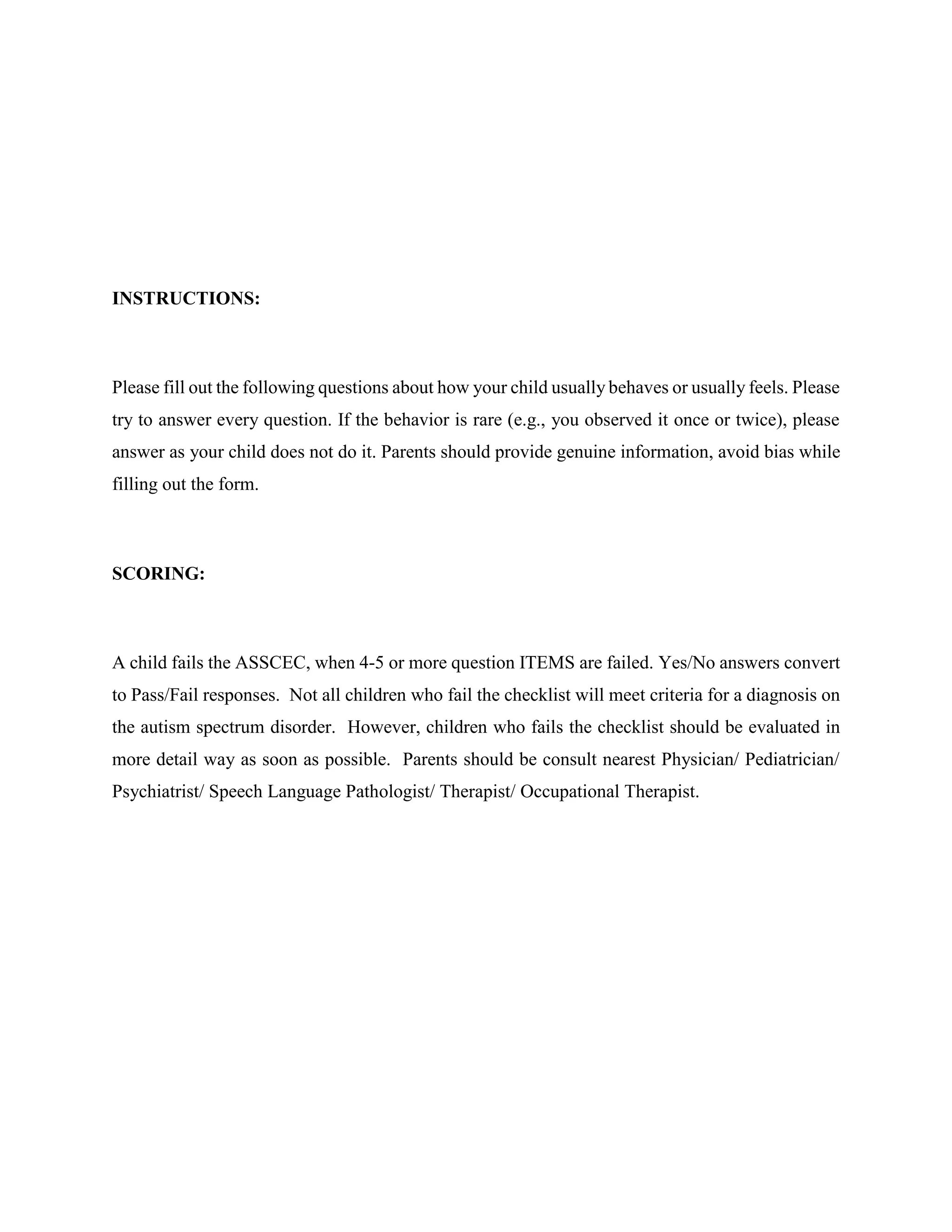 AUTISM SPECTRUM SCREENING CHECKLIST FOR EARLY CHILDHOOD(ASSCEC) | PDF