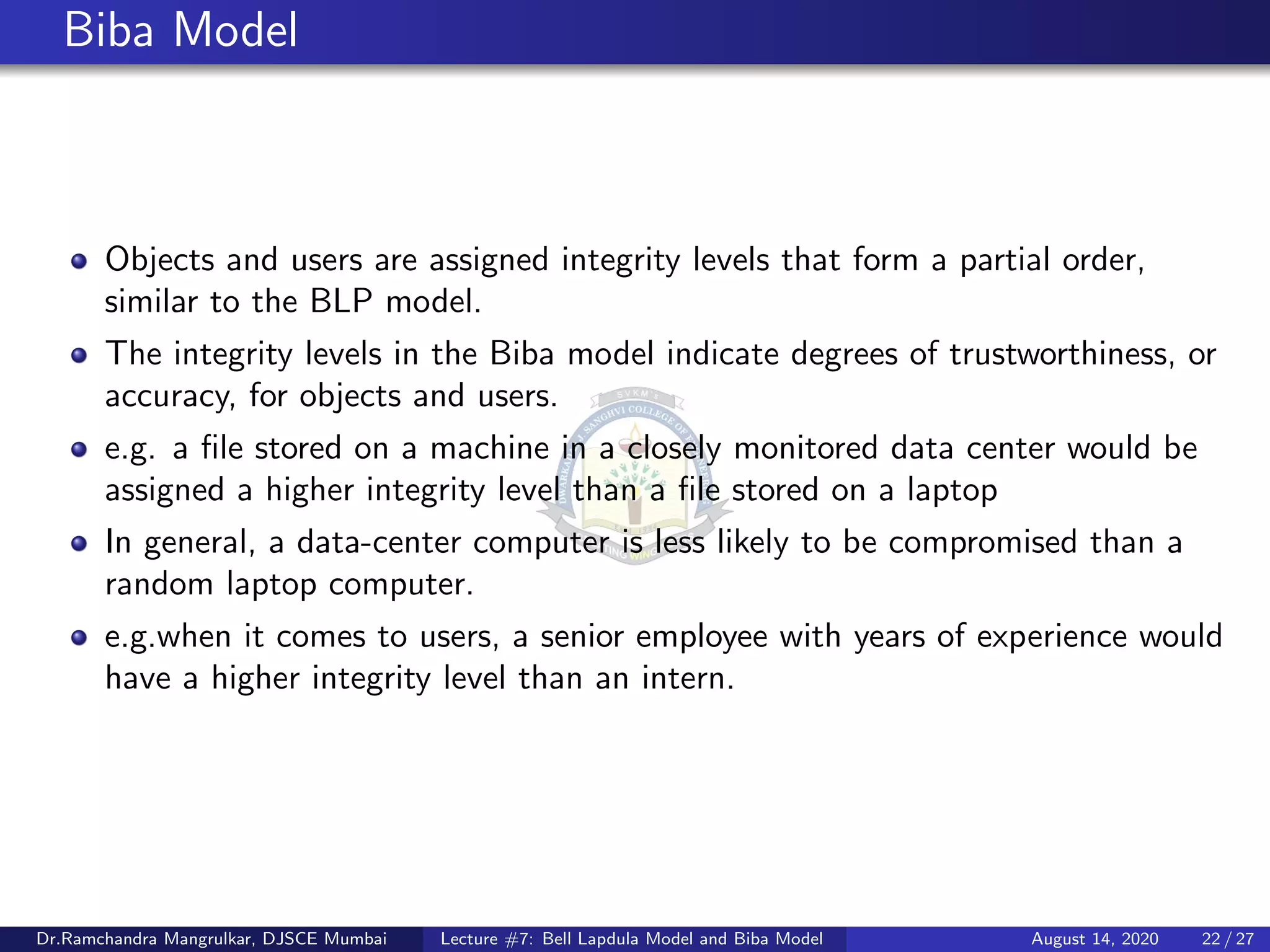 Lecture #7: Bell Lapdula and Biba Model of Multilevel Security | PDF