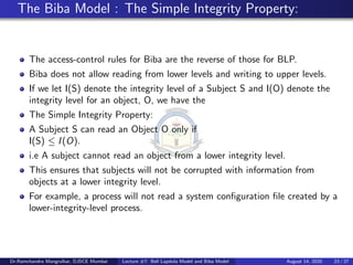 Lecture #7: Bell Lapdula and Biba Model of Multilevel Security | PDF