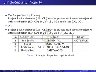 Lecture #7: Bell Lapdula and Biba Model of Multilevel Security | PDF