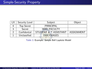 Lecture #7: Bell Lapdula and Biba Model of Multilevel Security | PDF