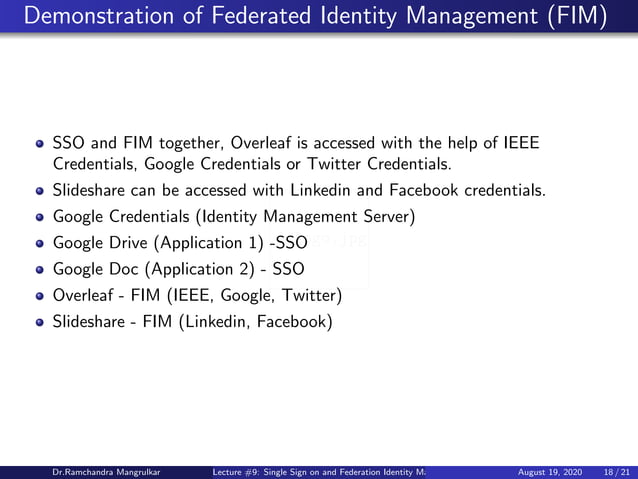 Lecture #9 : Single Sign on and Federation Identity Management | PPT