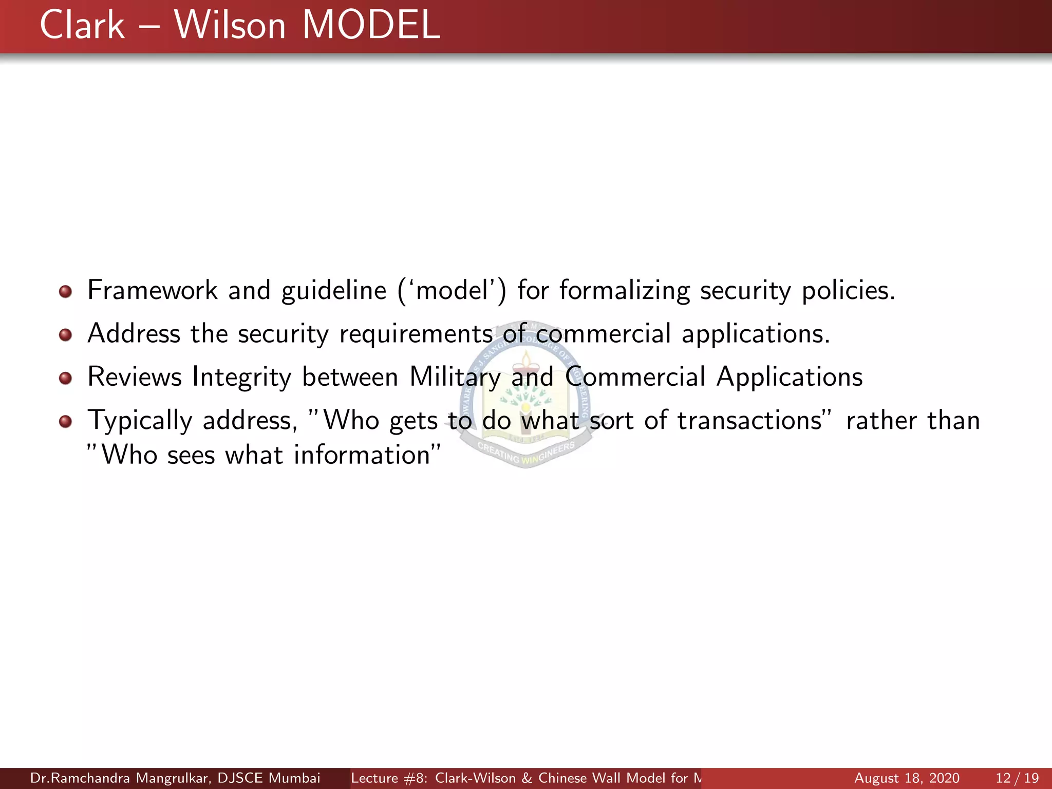 Lecture #8: Clark-Wilson & Chinese Wall Model for Multilevel Security | PDF