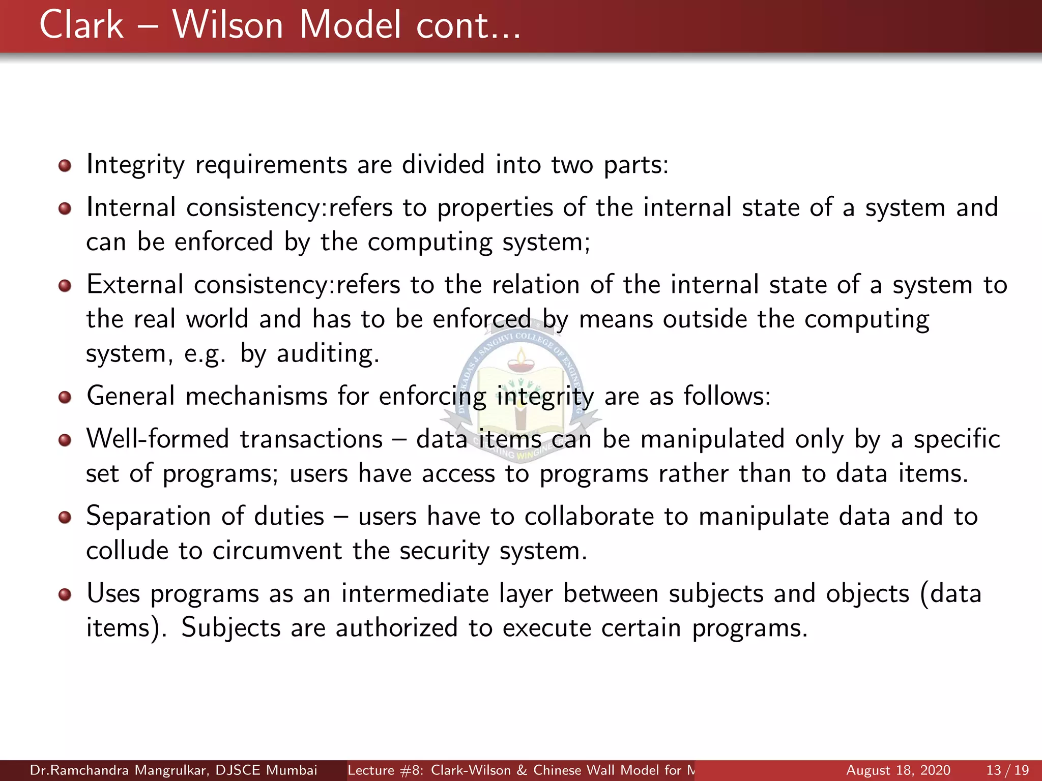 Lecture #8: Clark-Wilson & Chinese Wall Model for Multilevel Security | PDF