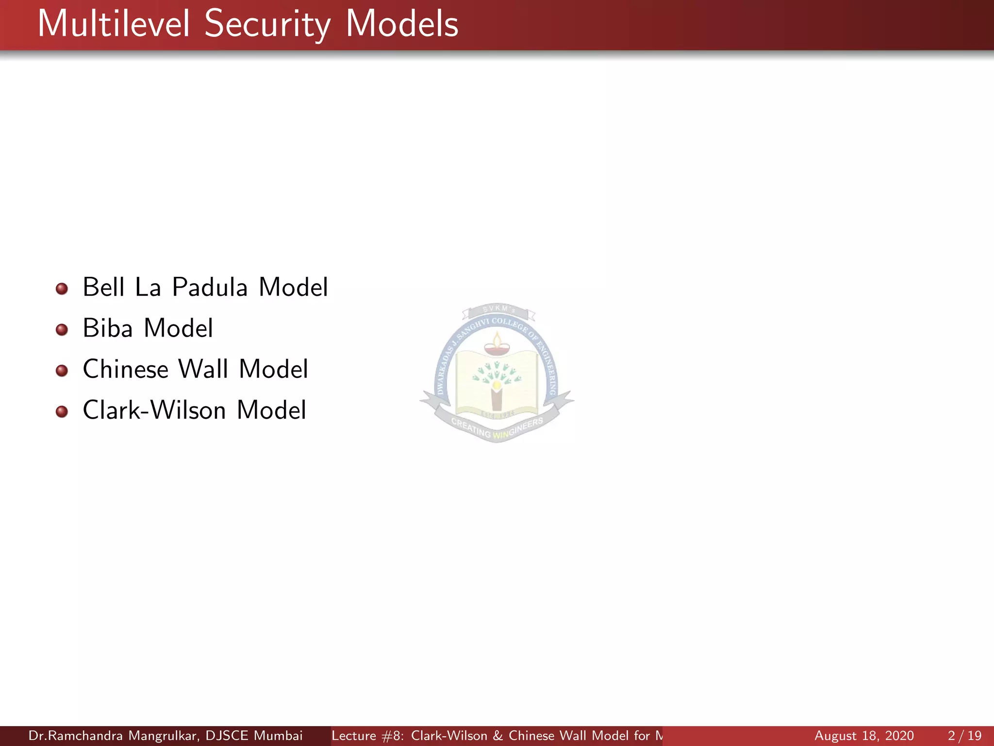 Lecture #8: Clark-Wilson & Chinese Wall Model for Multilevel Security | PDF