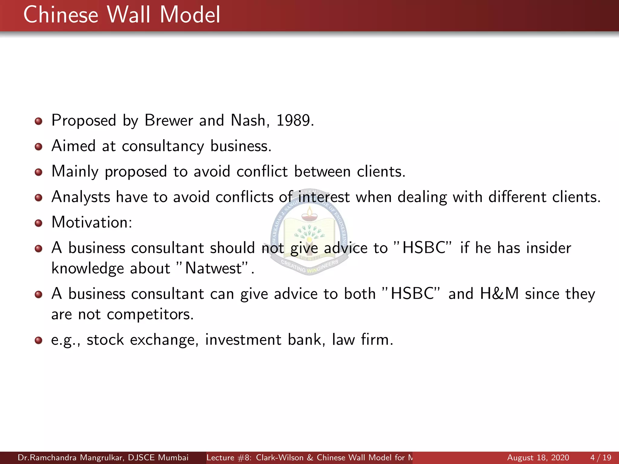Lecture #8: Clark-Wilson & Chinese Wall Model for Multilevel Security | PDF