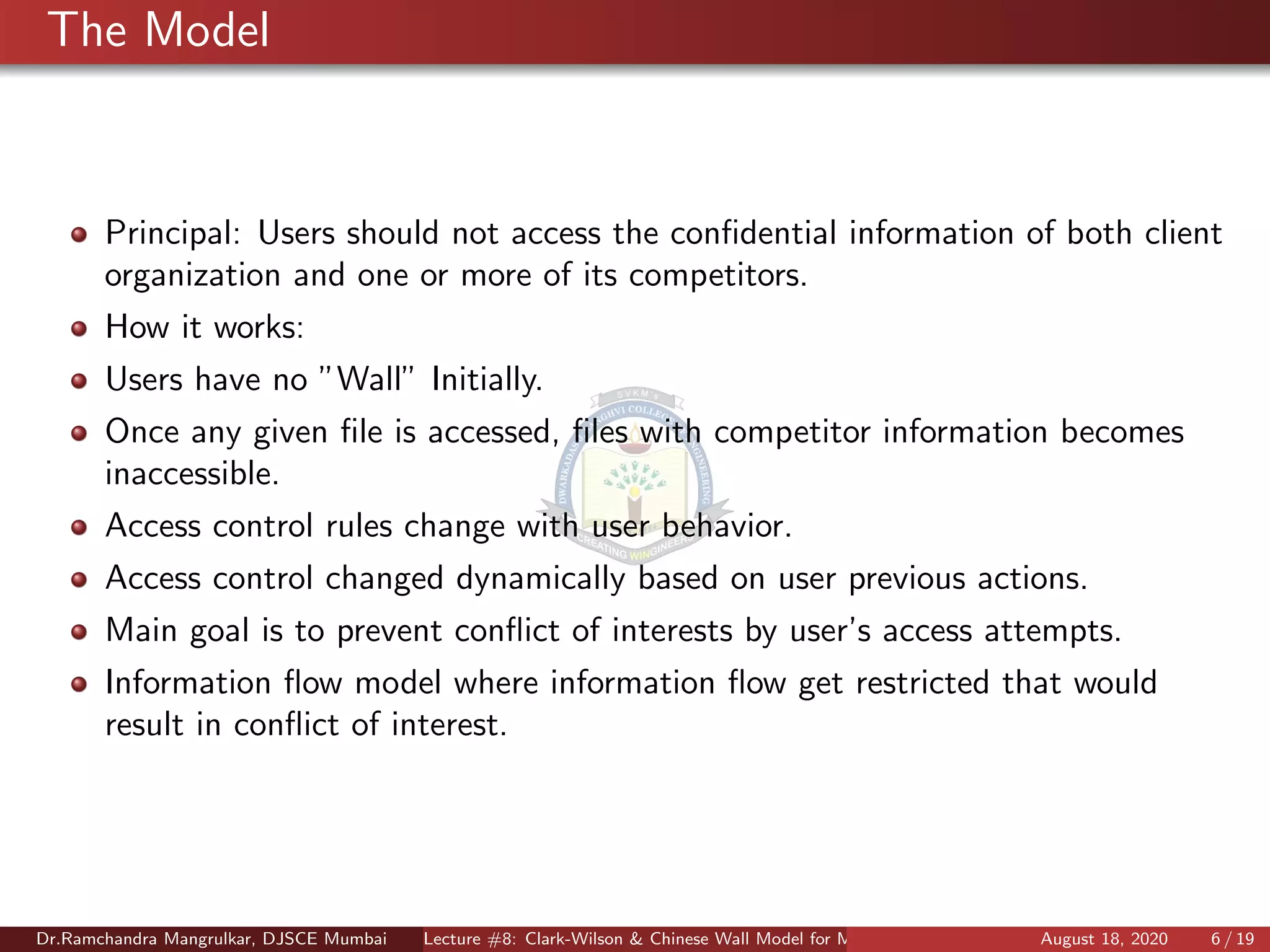 Lecture #8: Clark-Wilson & Chinese Wall Model for Multilevel Security | PDF