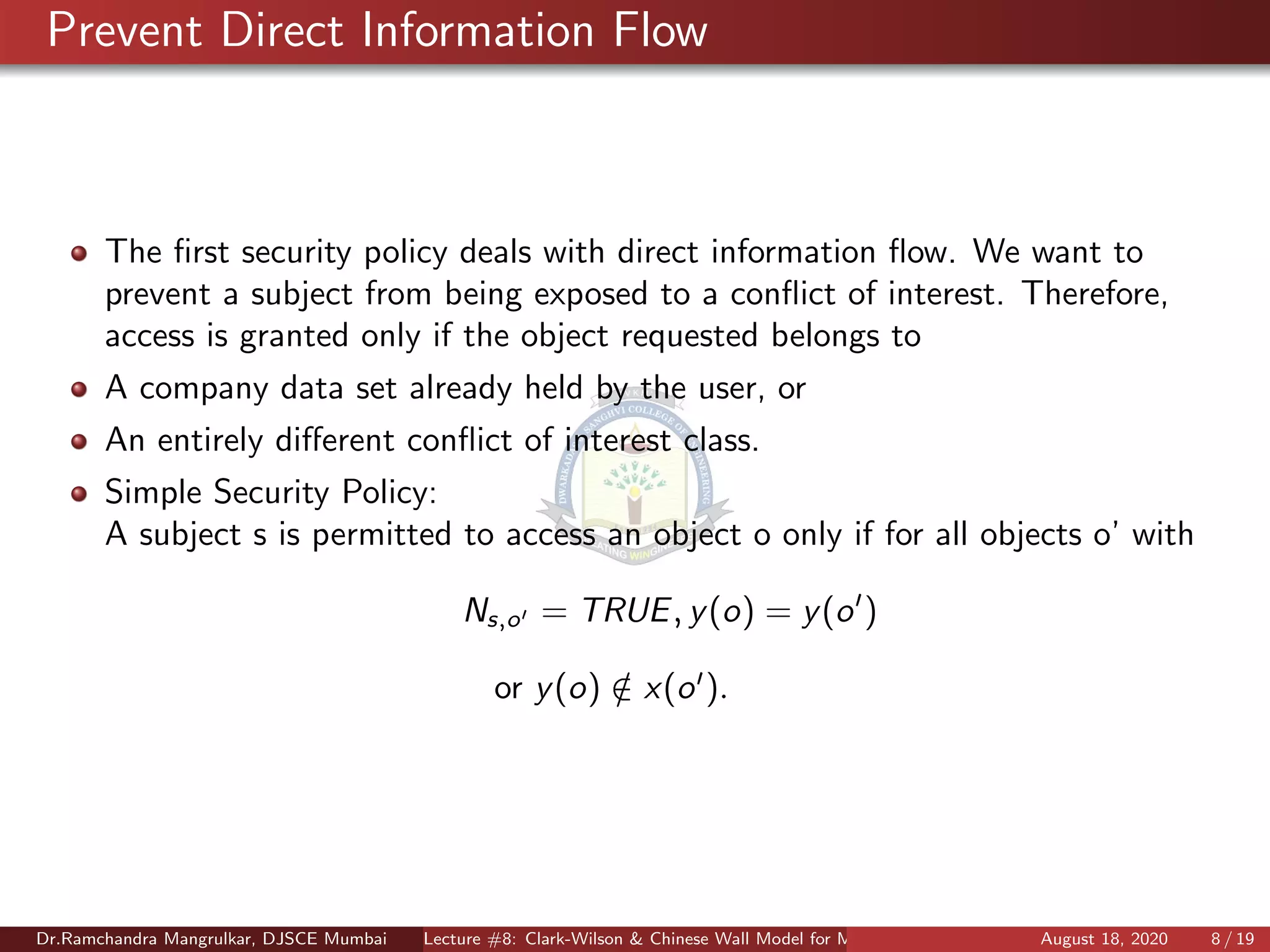 Lecture #8: Clark-Wilson & Chinese Wall Model for Multilevel Security | PDF