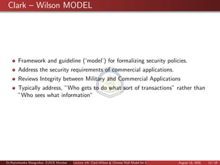 Lecture #8: Clark-Wilson & Chinese Wall Model for Multilevel Security | PDF