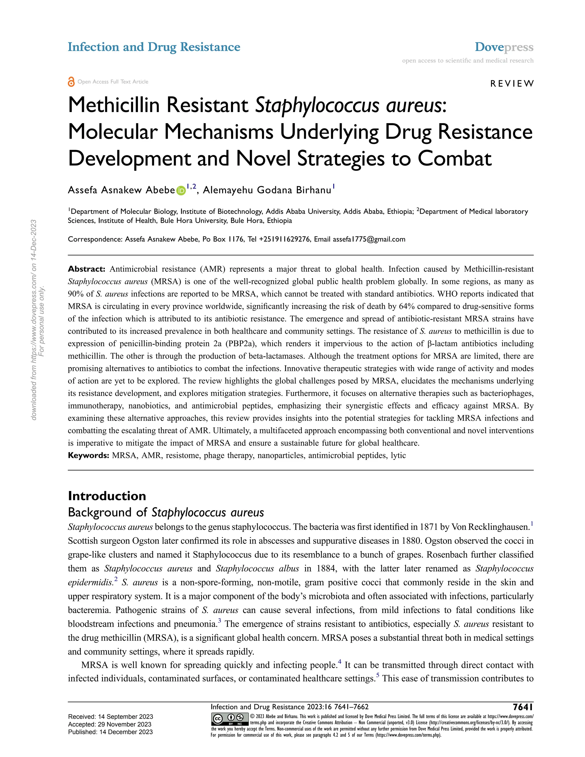 Assefa Asnakew Abebe. Methicillin resistant Staphylococcus aureus: Molecular mechanisms ...