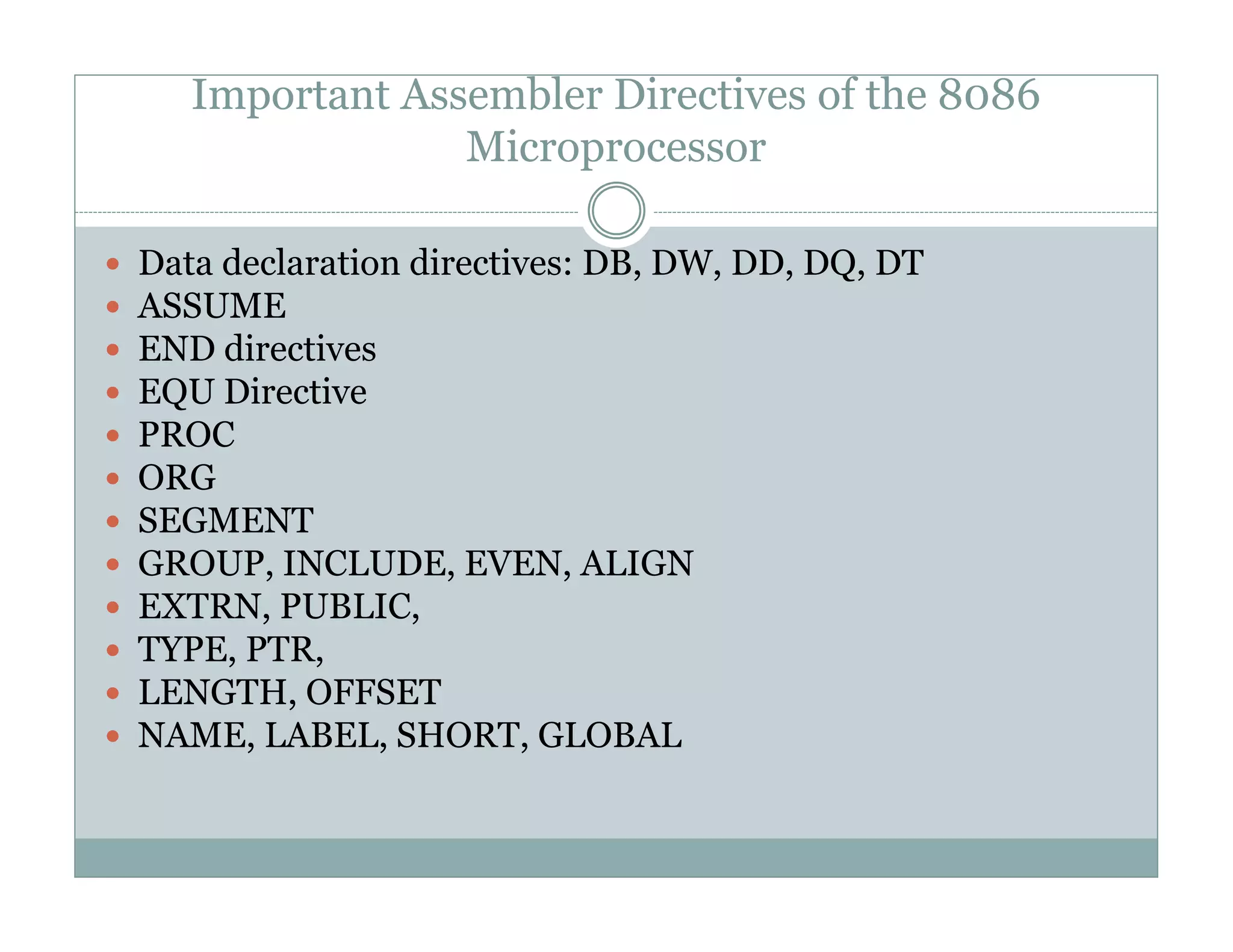 Assembler directives and basic steps ALP of 8086 | PDF