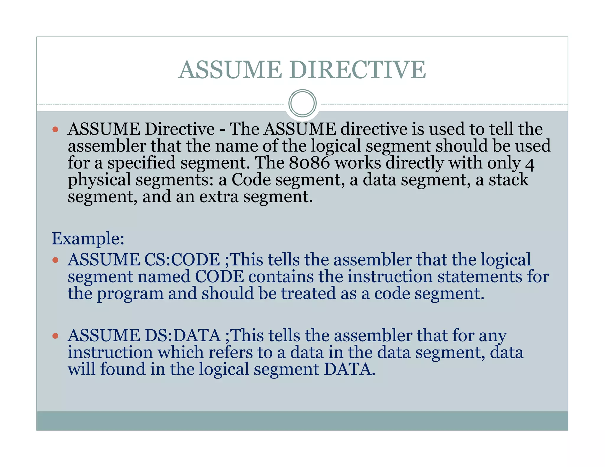 Assembler directives and basic steps ALP of 8086 | PDF