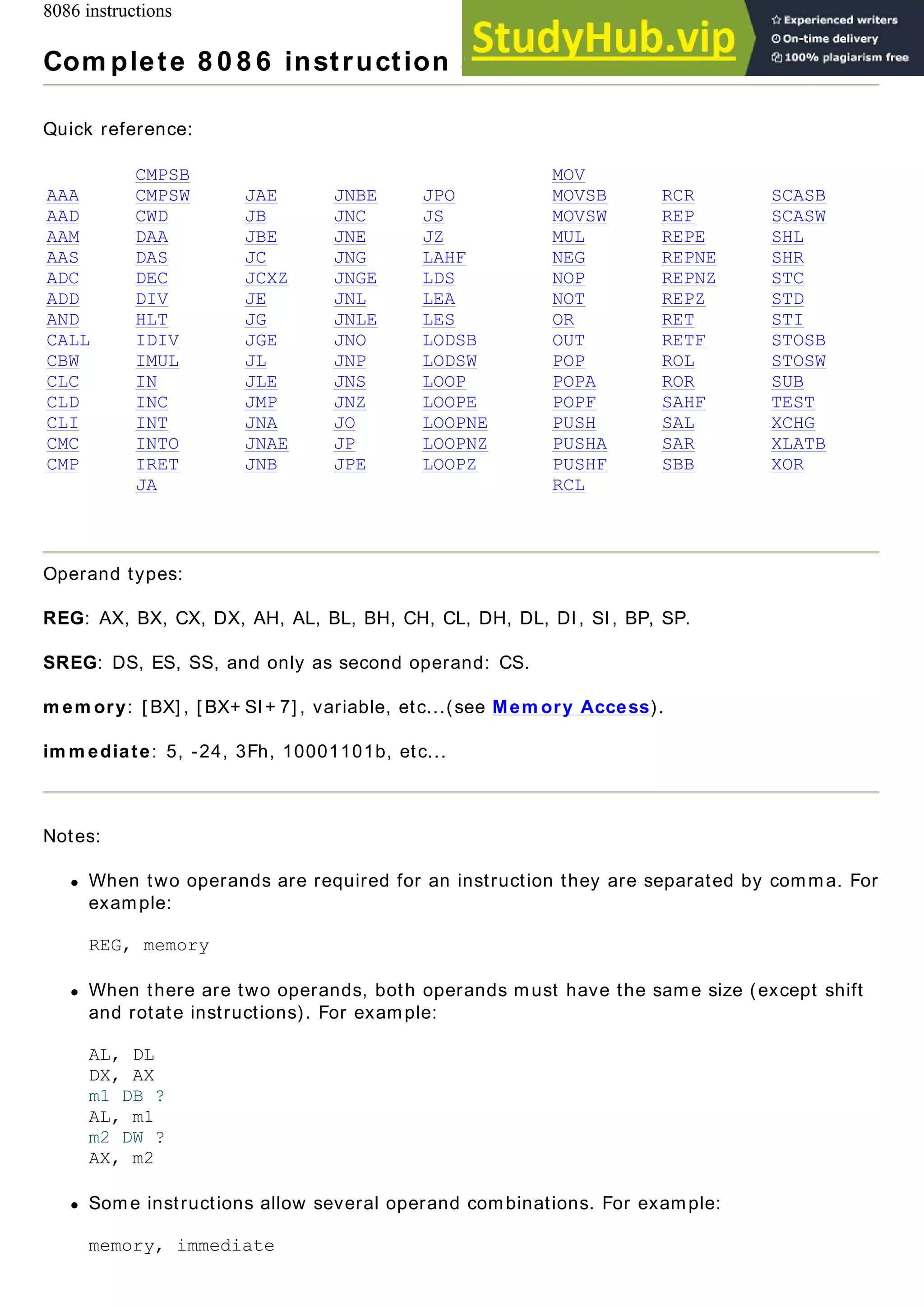 Assembly Complete 8086 Instruction Set | PDF