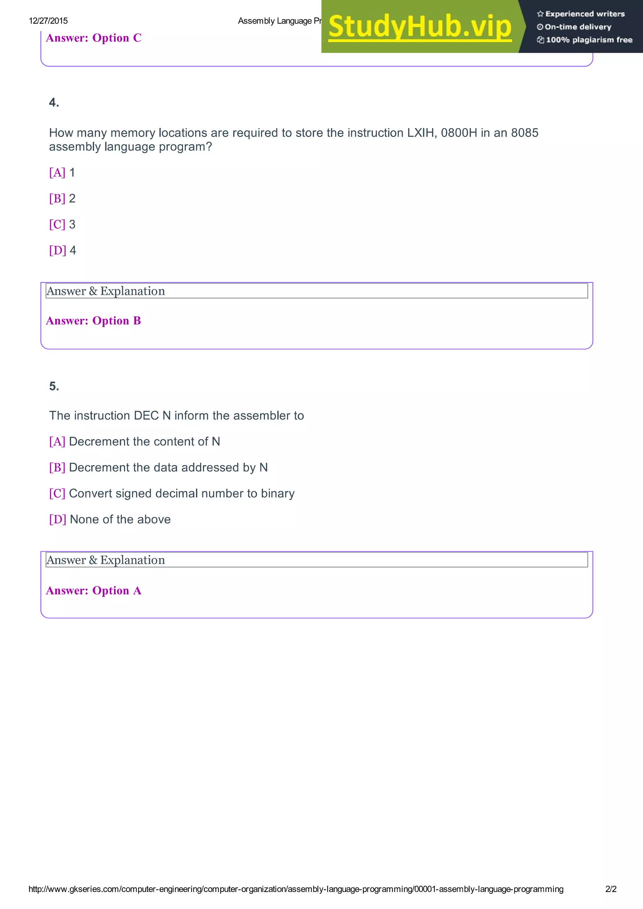 Assembly Language Programming Questions And Answers | PDF
