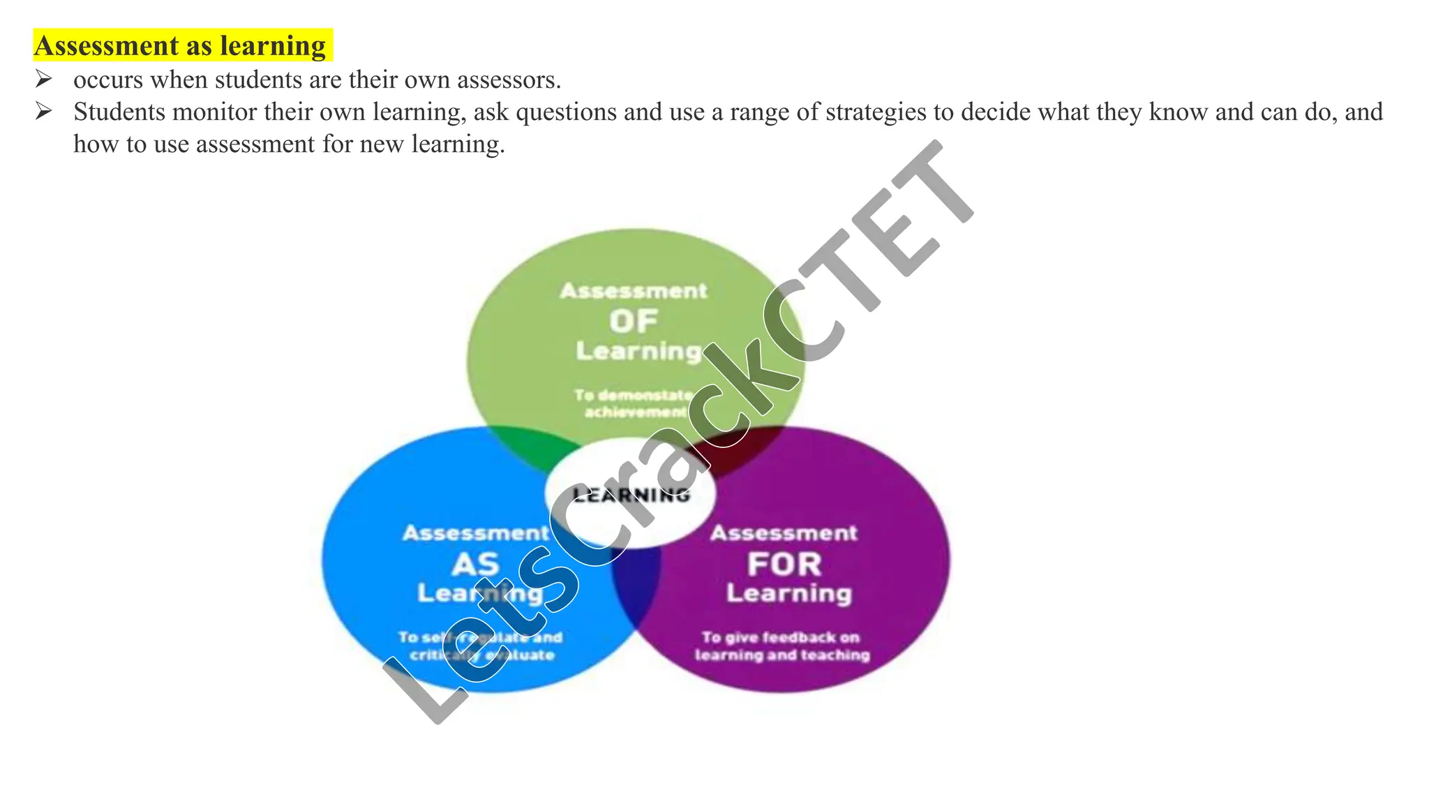 Assessment for, assessment as and assessment of learning are approaches ...