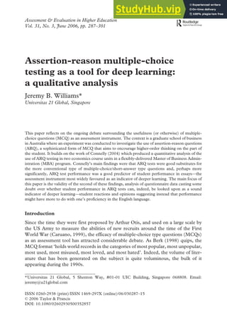 Assertion Reason Multiple Choice Testing As A Tool For Deep Learning A ...