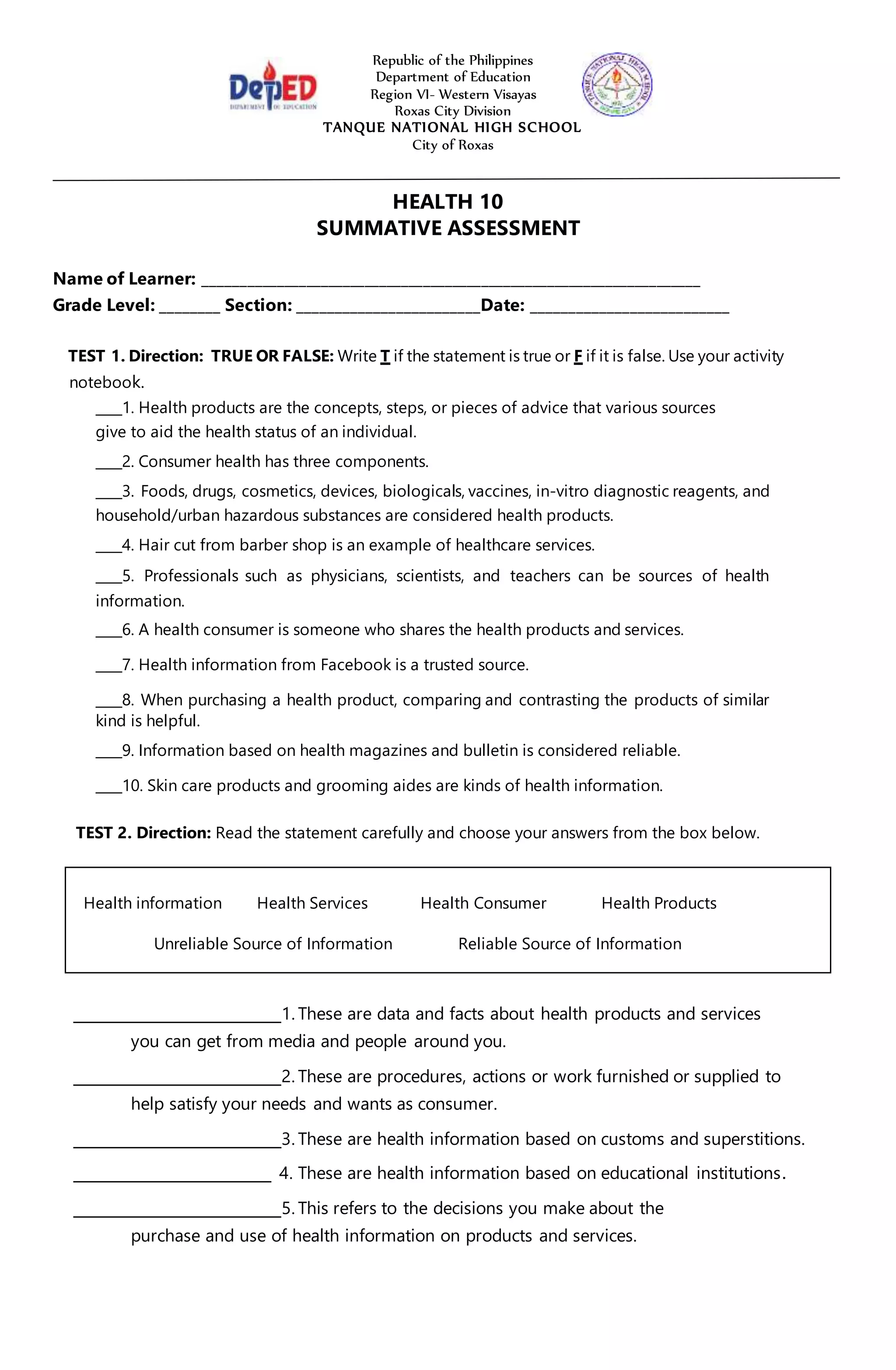 Assesment grade 10 health | DOCX