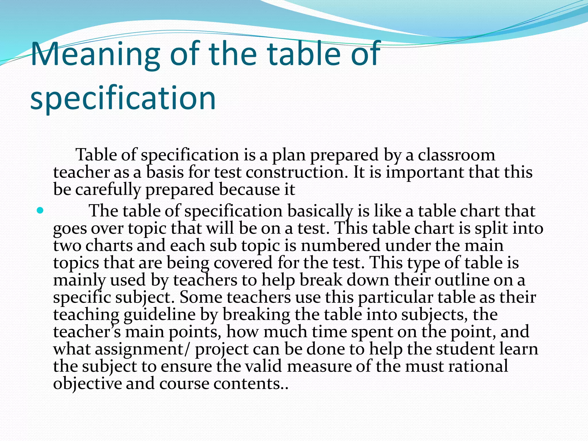 Table of specification | PPTX