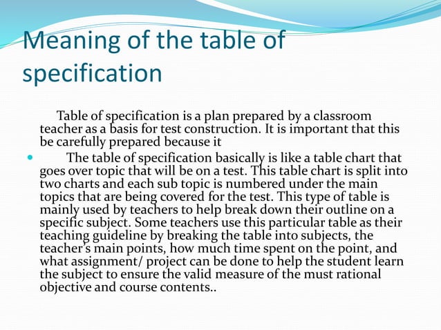 Table Of Specification Pptx Standardized Testing Educational Assessment