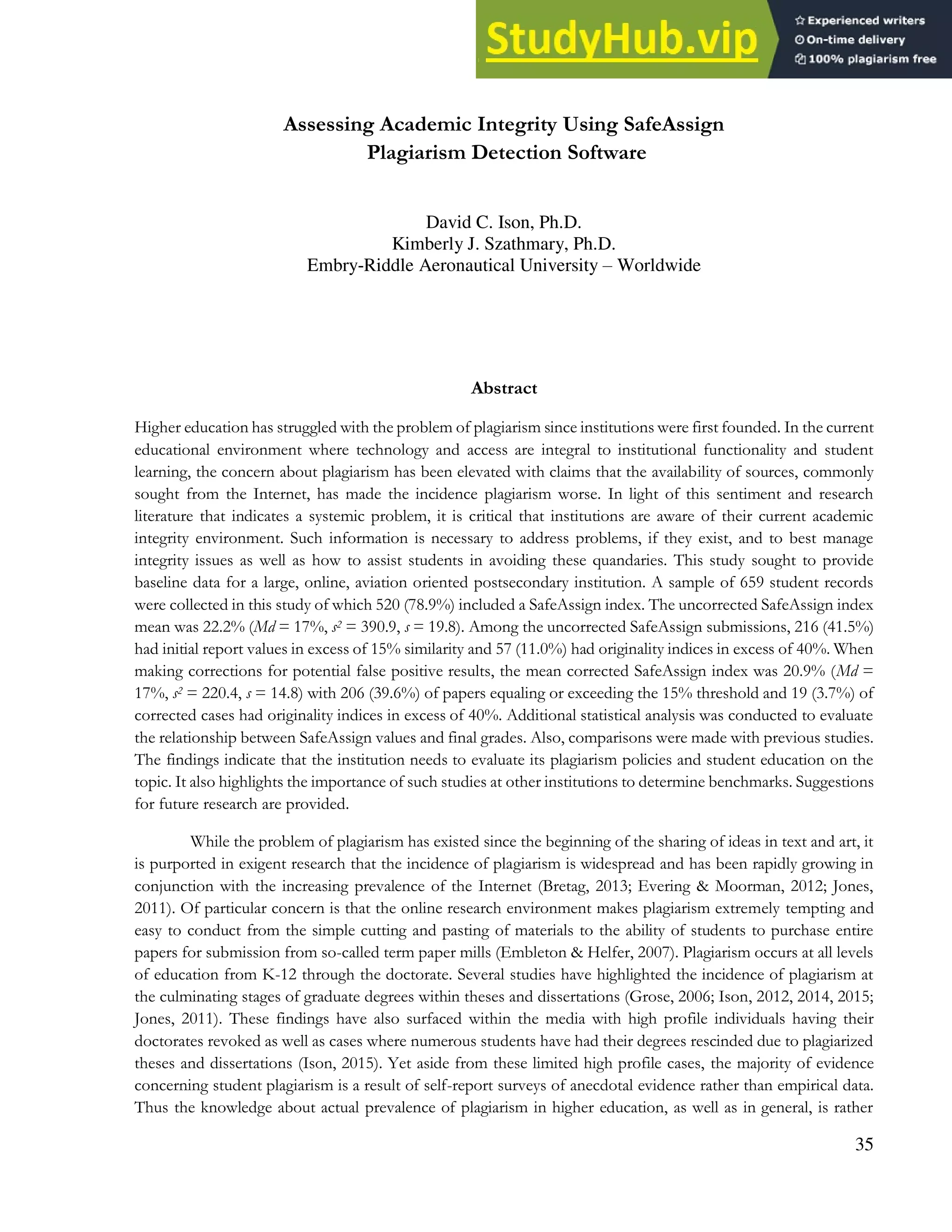 Assessing Academic Integrity Using SafeAssign Plagiarism Detection Software | PDF