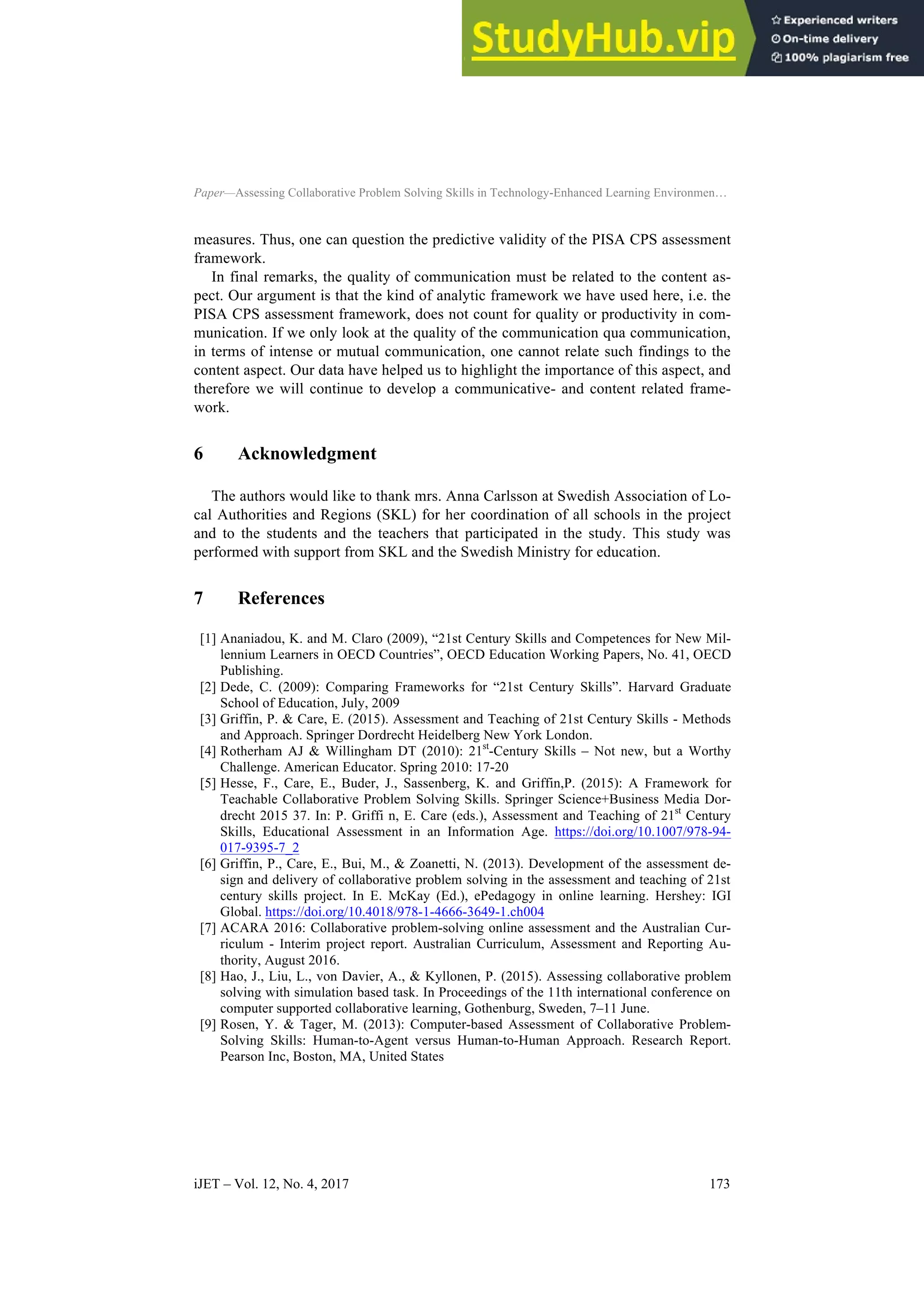 Assessing Collaborative Problem Solving Skills In Technology-Enhanced Learning Environments The ...