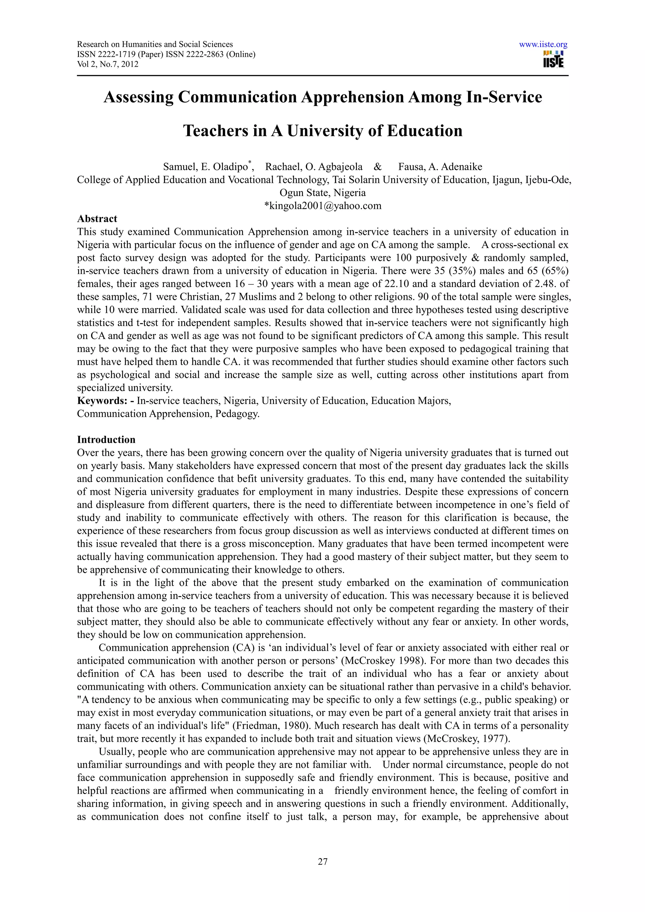 Assessing communication apprehension among in service teachers in a university of education | PDF