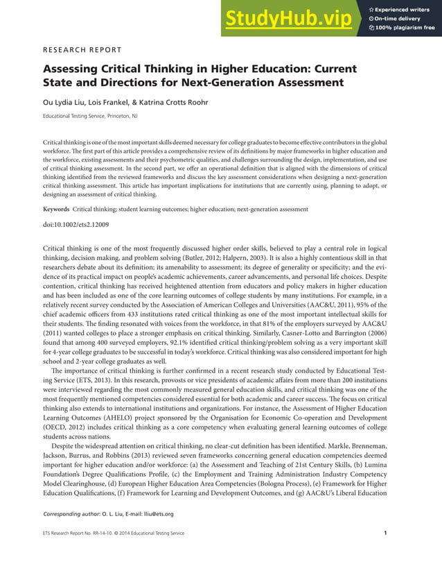 Assessing Critical Thinking In Higher Education Current State And ...