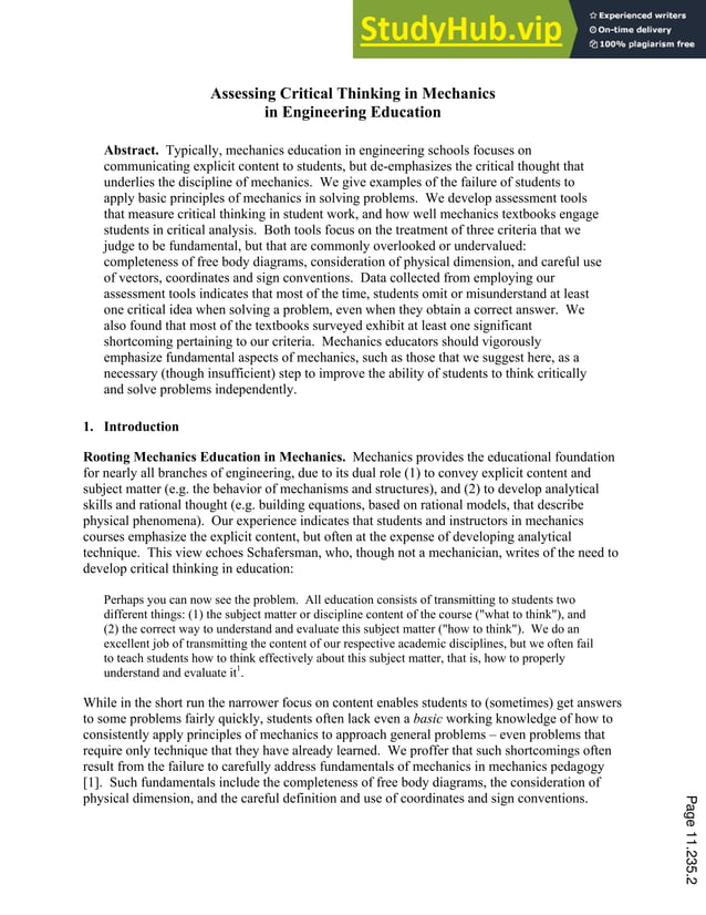 Assessing Critical Thinking In Mechanics In Engineering Education | PDF