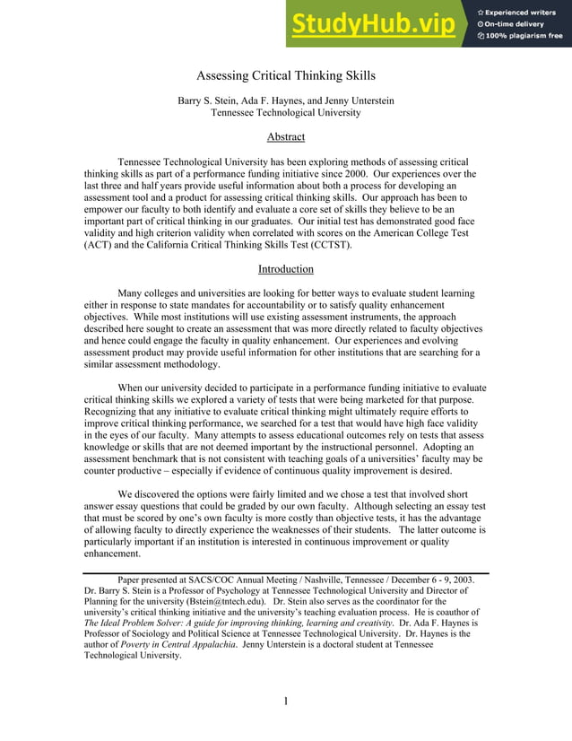 Assessing Critical Thinking Skills | PDF