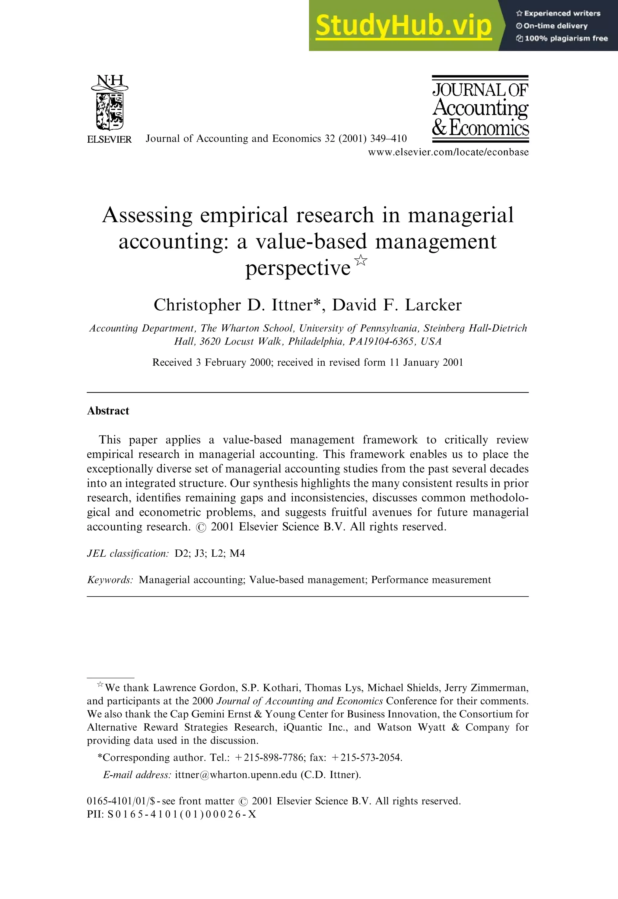 Assessing Empirical Research In Managerial Accounting A Value-Based ...
