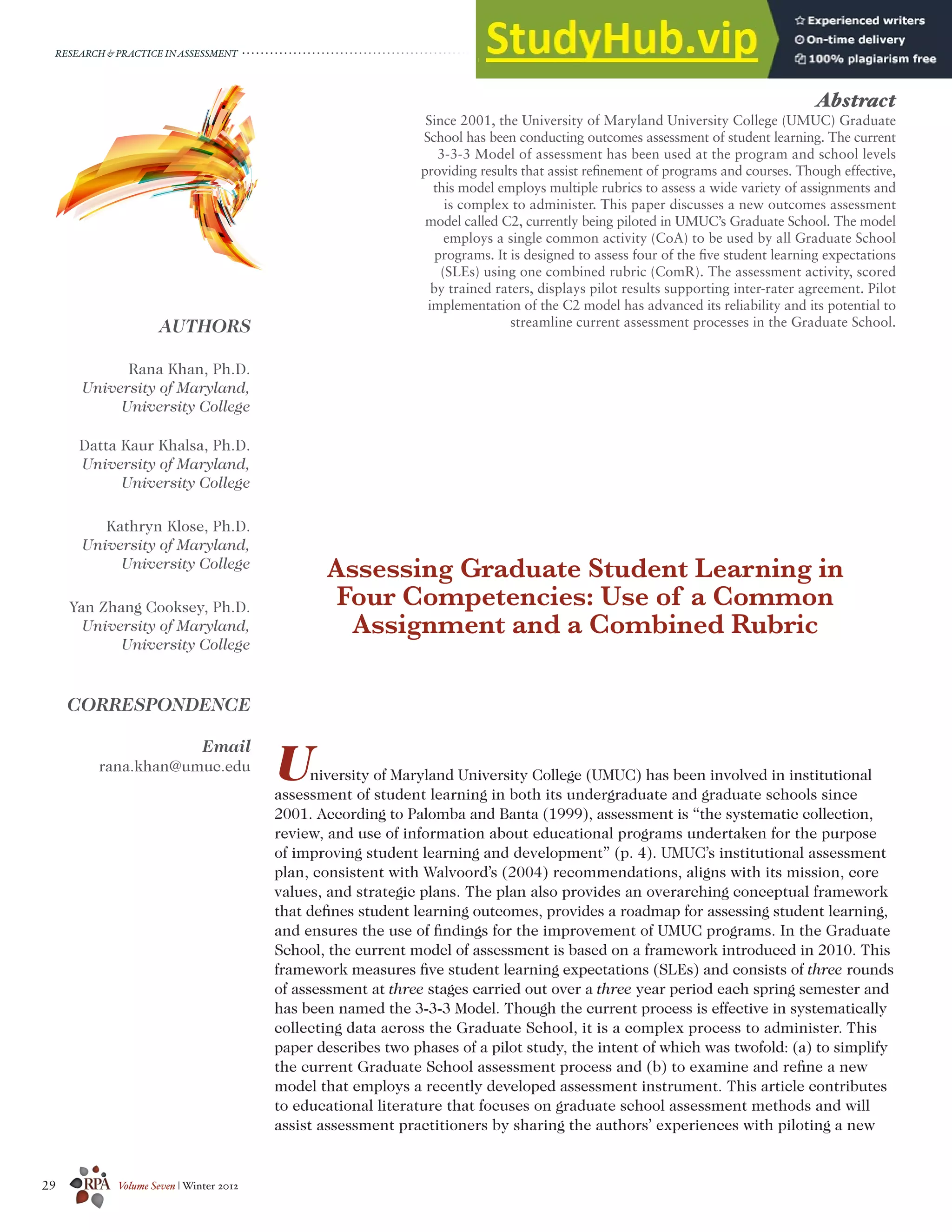 Assessing Graduate Student Learning In Four Competencies Use Of A ...