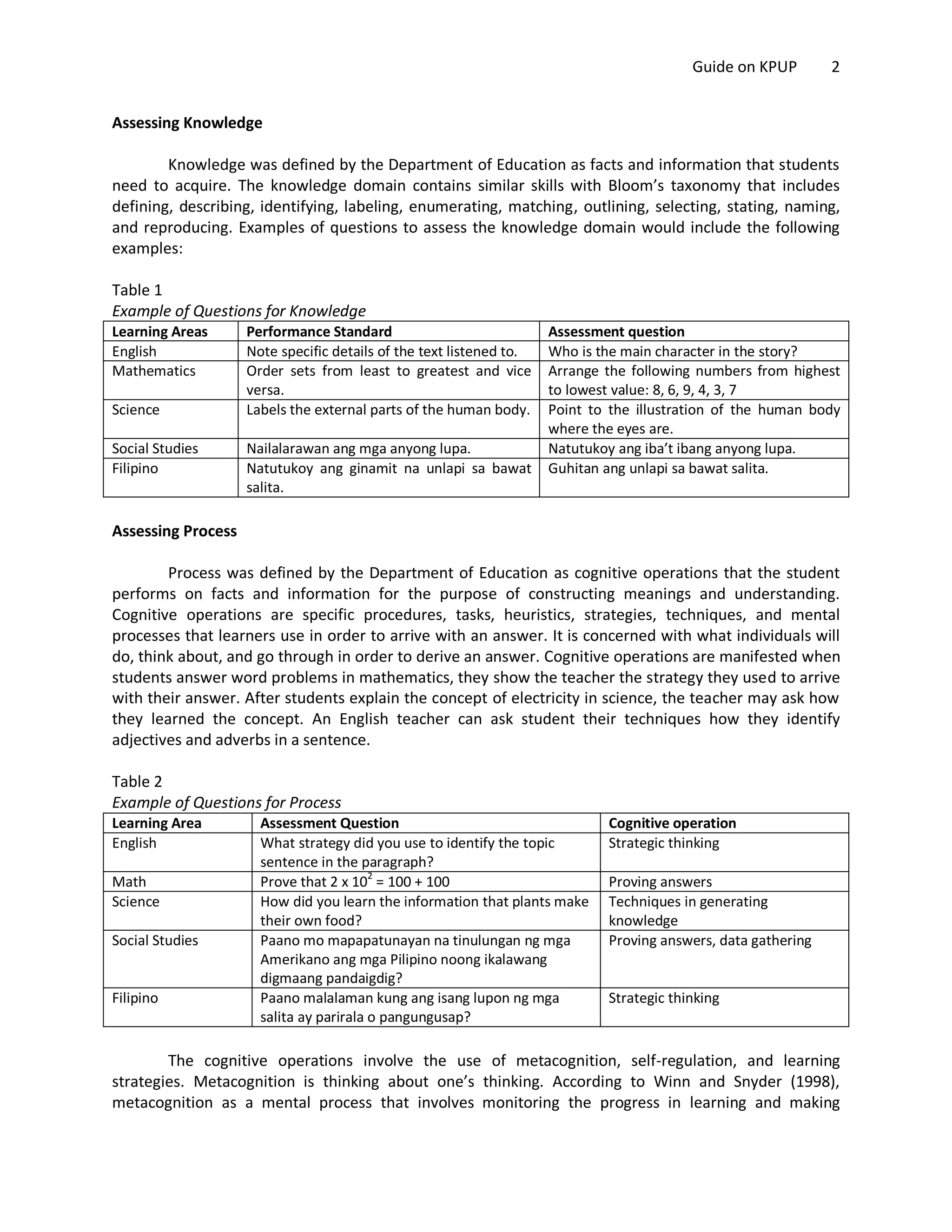 Assessing Knowledge, Process, Understanding, Performance/Product | PDF