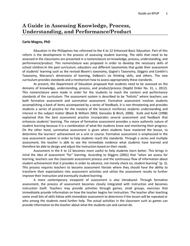 Assessing Knowledge, Process, Understanding, Performance/Product | PDF ...