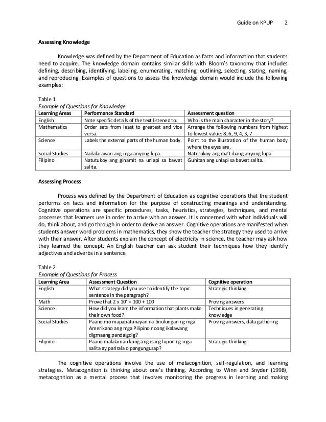Assessing Knowledge, Process, Understanding, Performance/Product