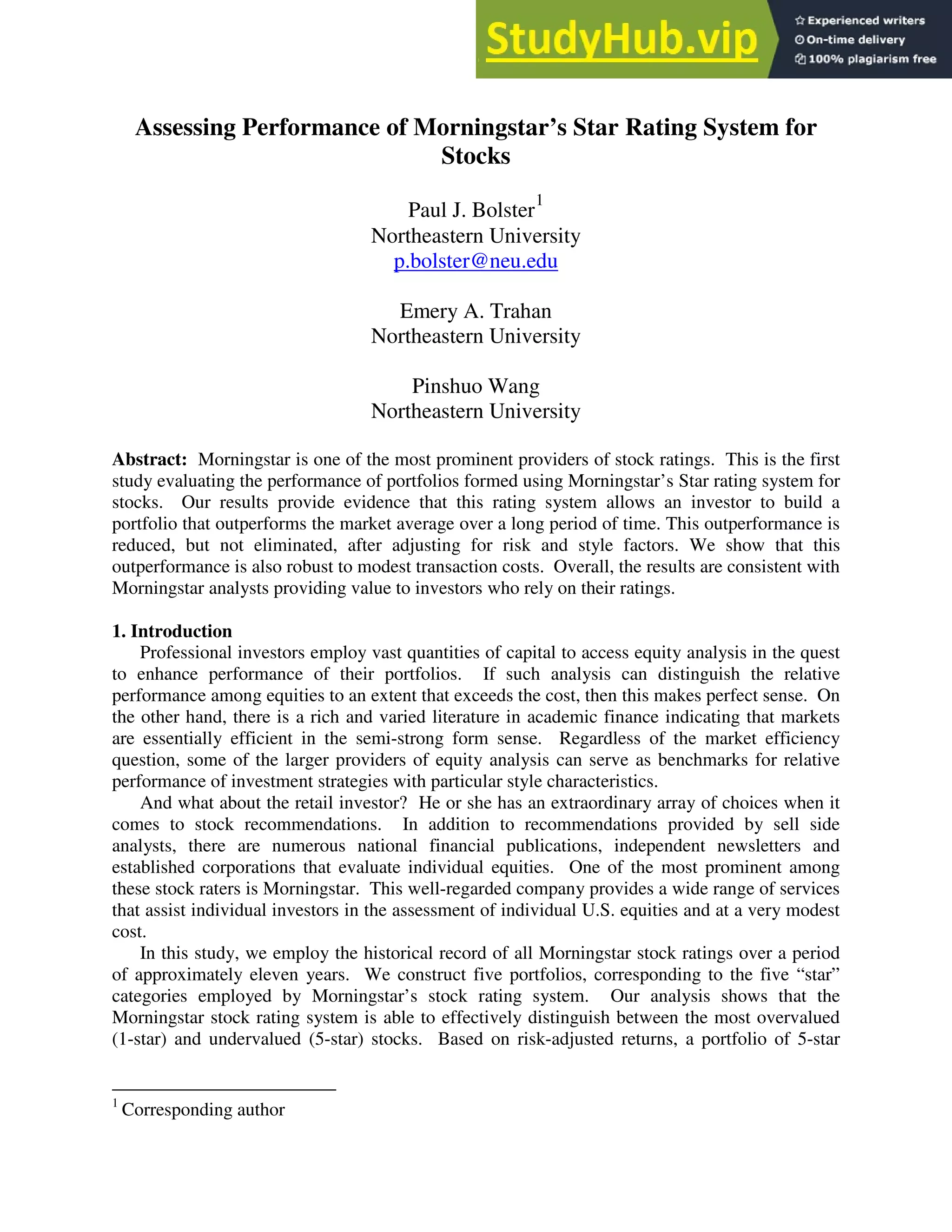 Assessing Performance Of Morningstar S Star Rating System For Stocks | PDF
