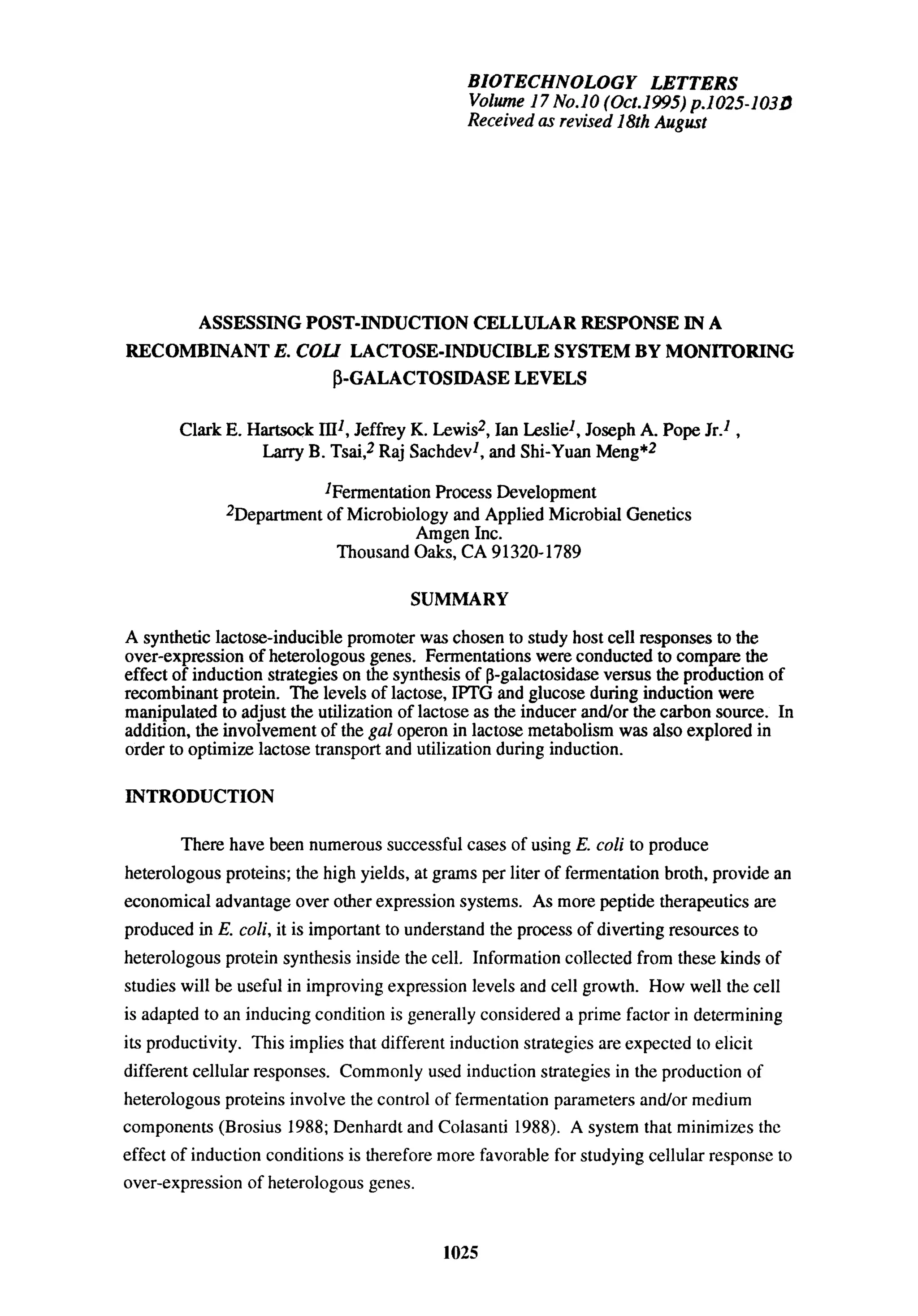 Assessing post induction cellular response in a recombinant e. coli ...