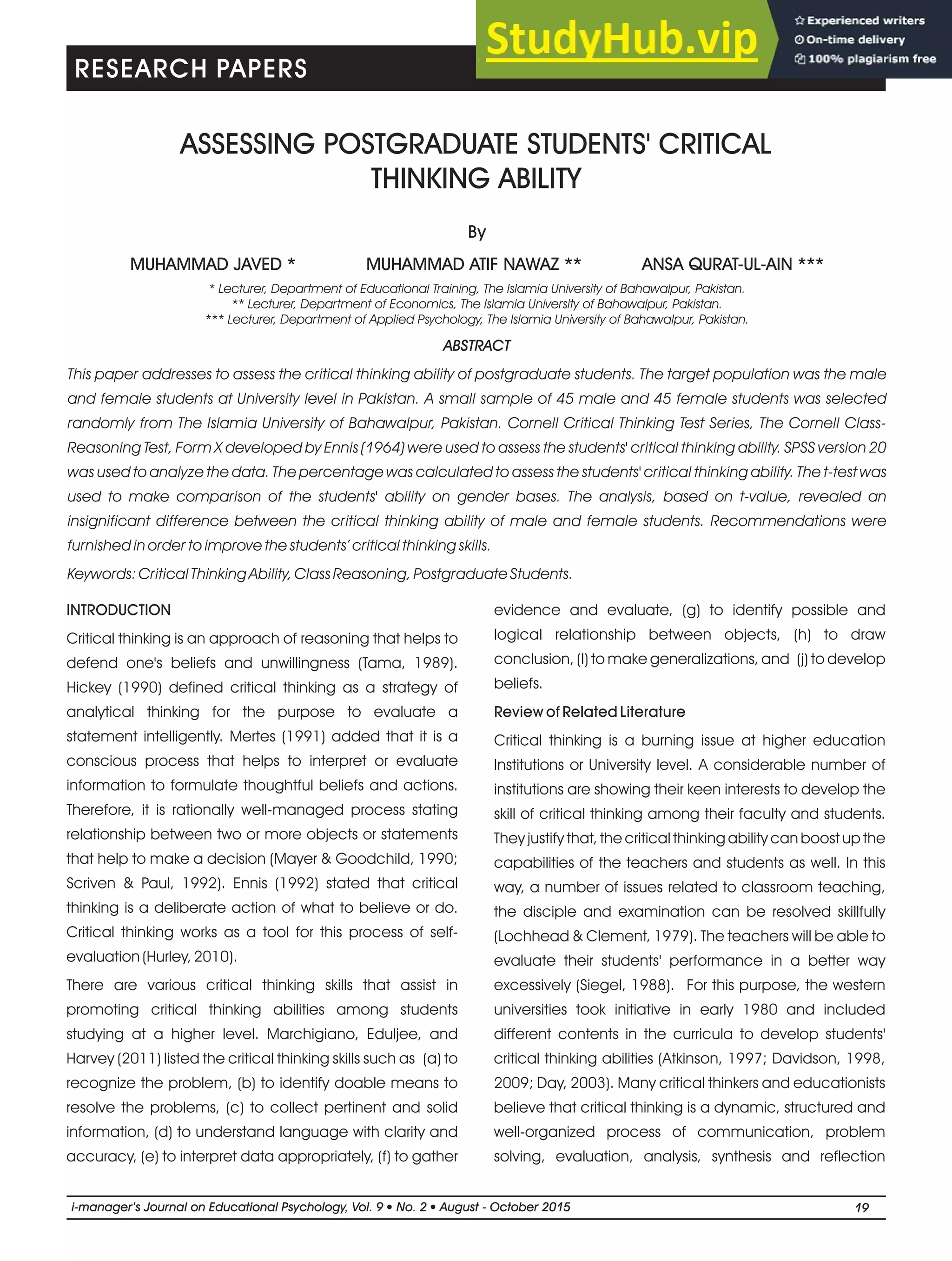 ASSESSING POSTGRADUATE STUDENTS CRITICAL THINKING ABILITY | PDF