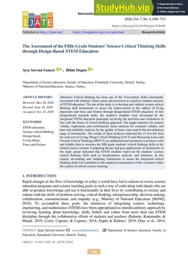 Assessing Science Critical Thinking Skills Of Fifth Graders Through Design Based STEM Education ...