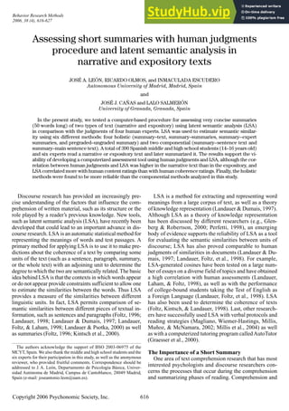Assessing Short Summaries With Human Judgments Procedure And Latent Semantic Analysis In ...