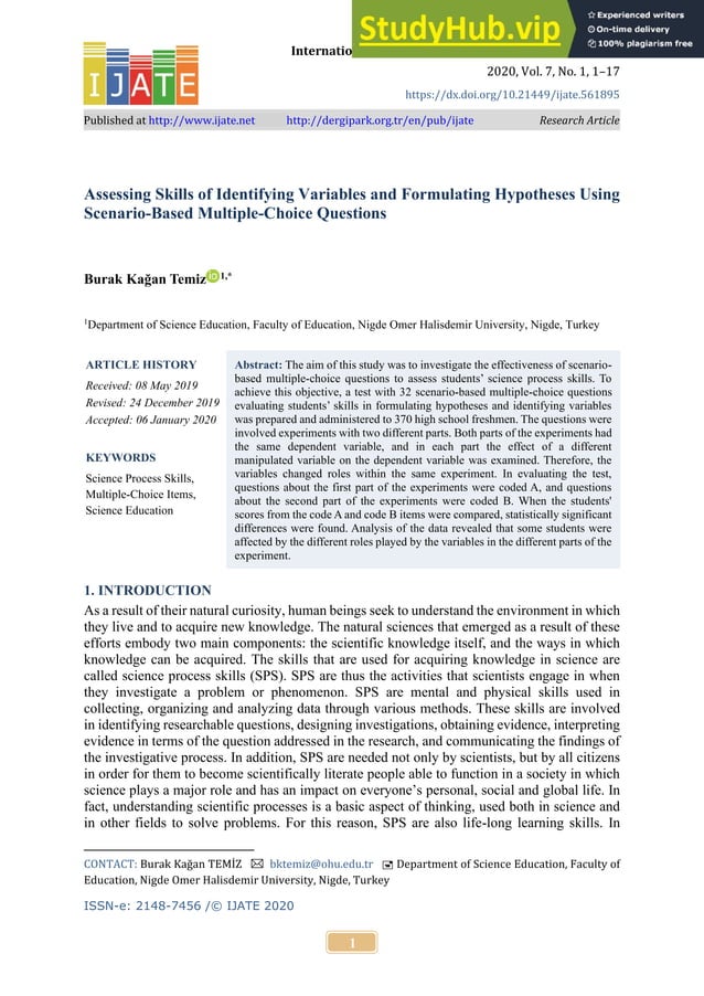 Assessing Skills Of Identifying Variables And Formulating Hypotheses Using Scenario-Based ...