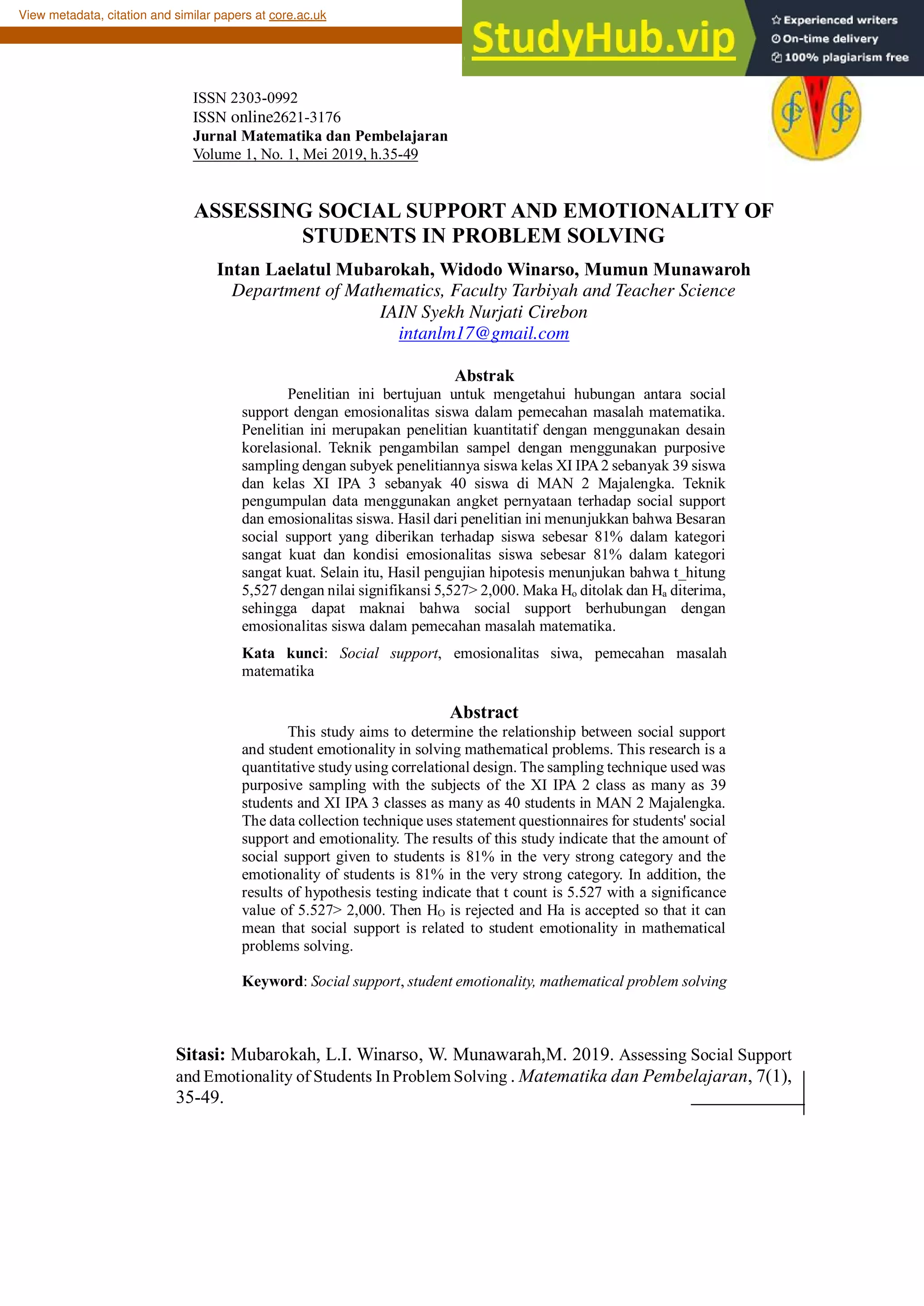 Assessing Social Support And Emotionality Of Students In Problem ...