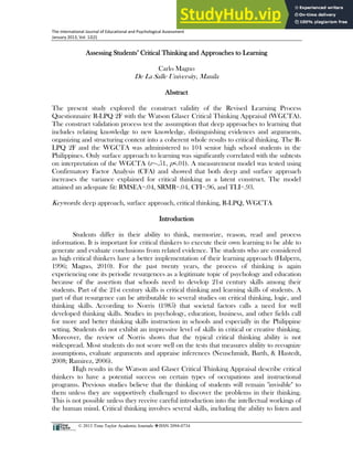Assessing Students Critical Thinking And Approaches To Learning | PDF