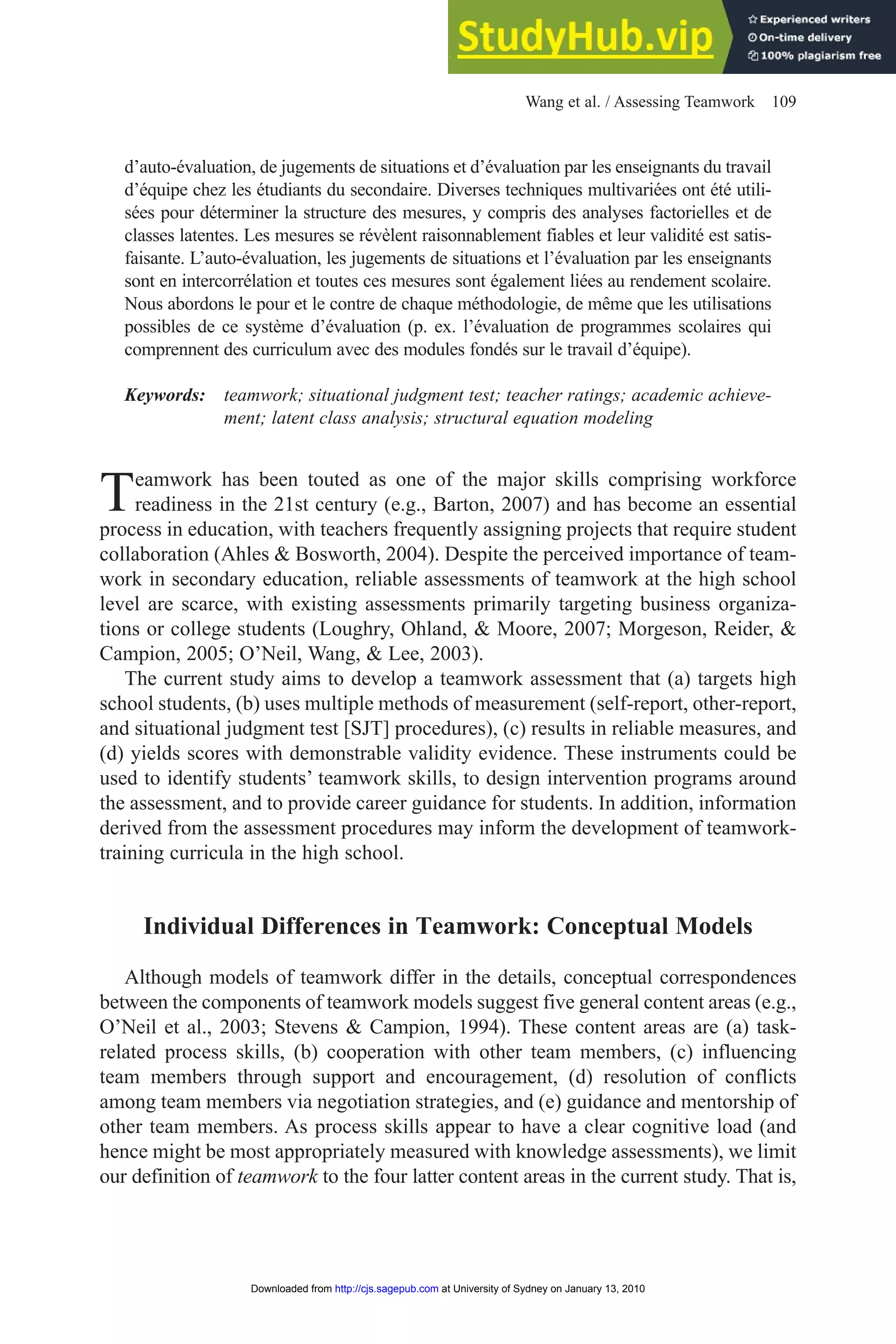 Assessing Teamwork Skills A Multi-Method Approach | PDF