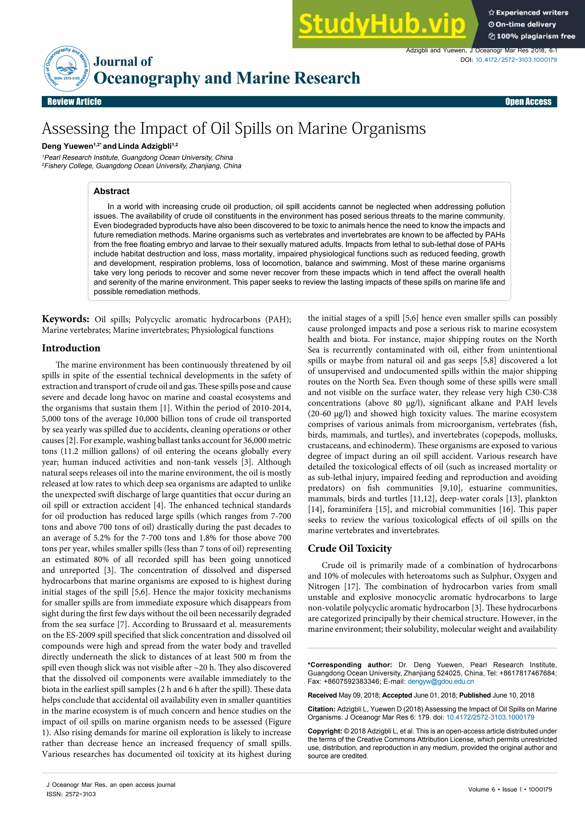 Assessing The Impact Of Oil Spills On Marine Organisms | PDF
