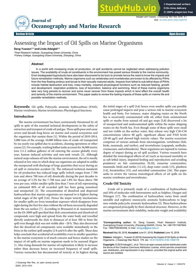 Assessing The Impact Of Oil Spills On Marine Organisms | PDF