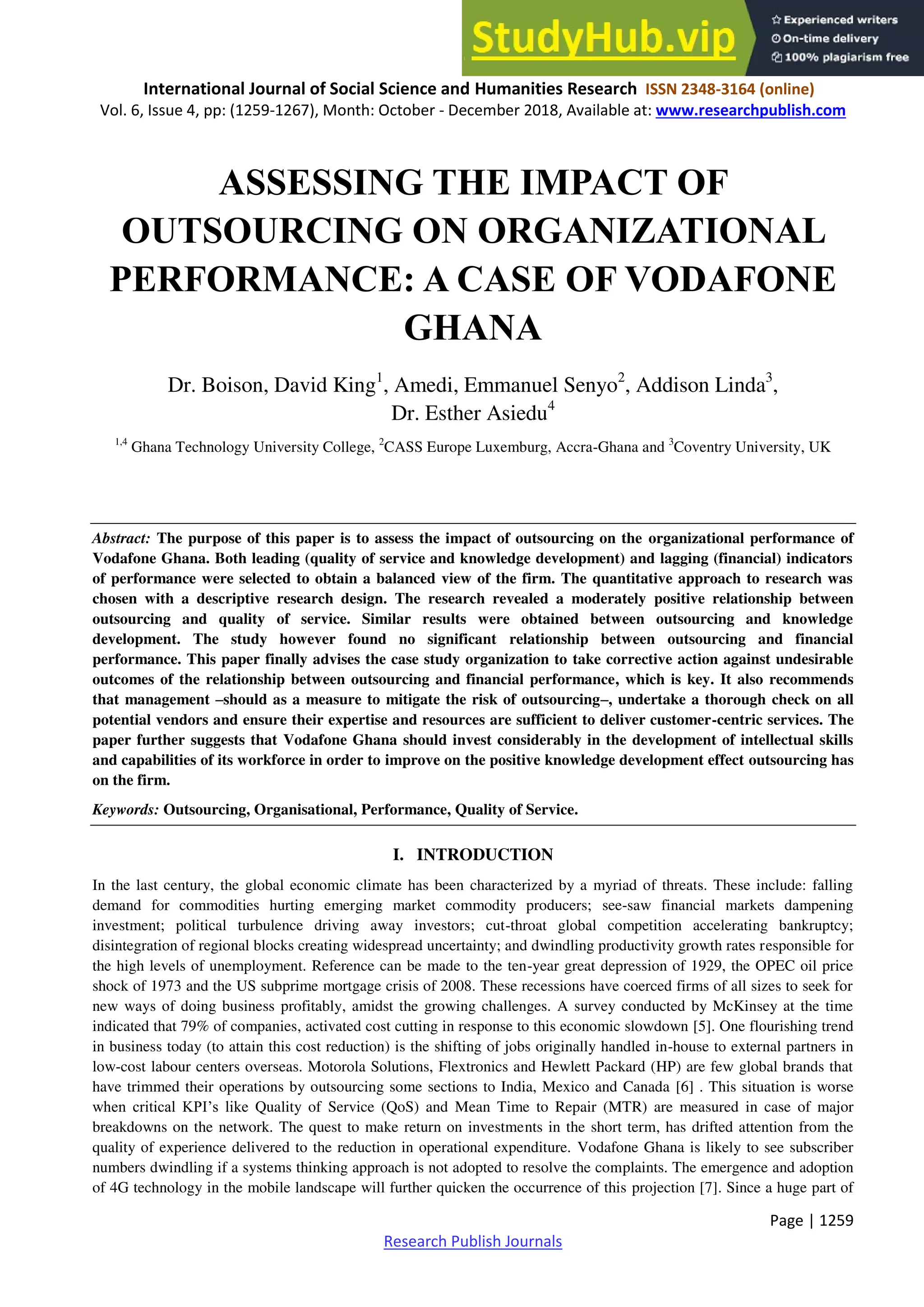 ASSESSING THE IMPACT OF OUTSOURCING ON ORGANIZATIONAL PERFORMANCE A ...