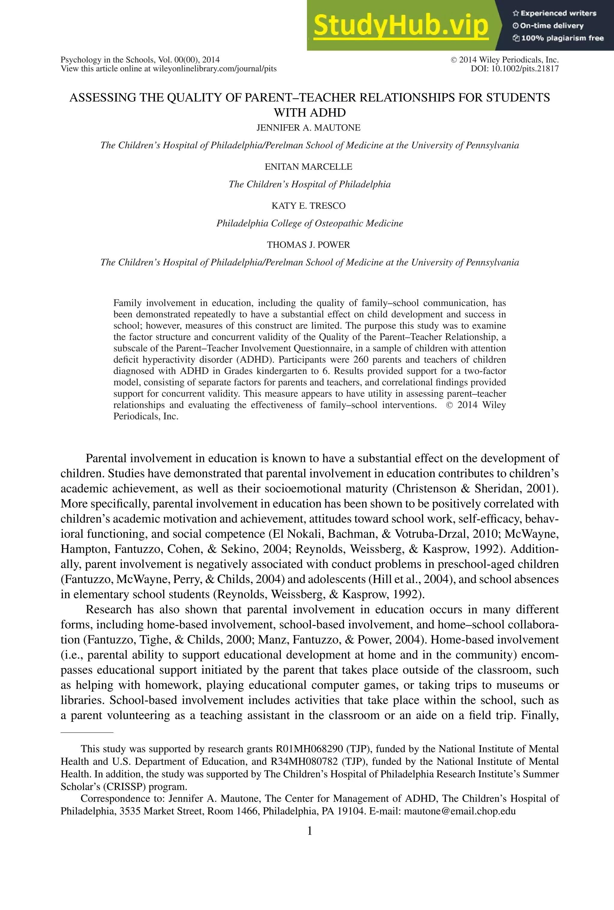 ASSESSING THE QUALITY OF PARENT-TEACHER RELATIONSHIPS FOR STUDENTS WITH ...