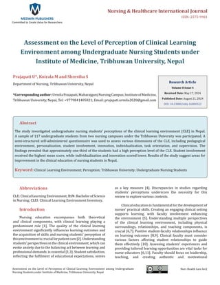 Assessment on the Level of Perception of Clinical Learning Environment among Undergraduate ...
