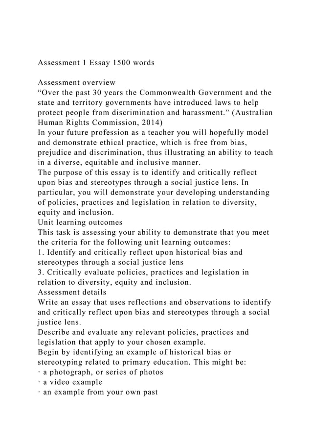 Assessment 1 Essay 1500 wordsAssessment overview Over the p.docx ...