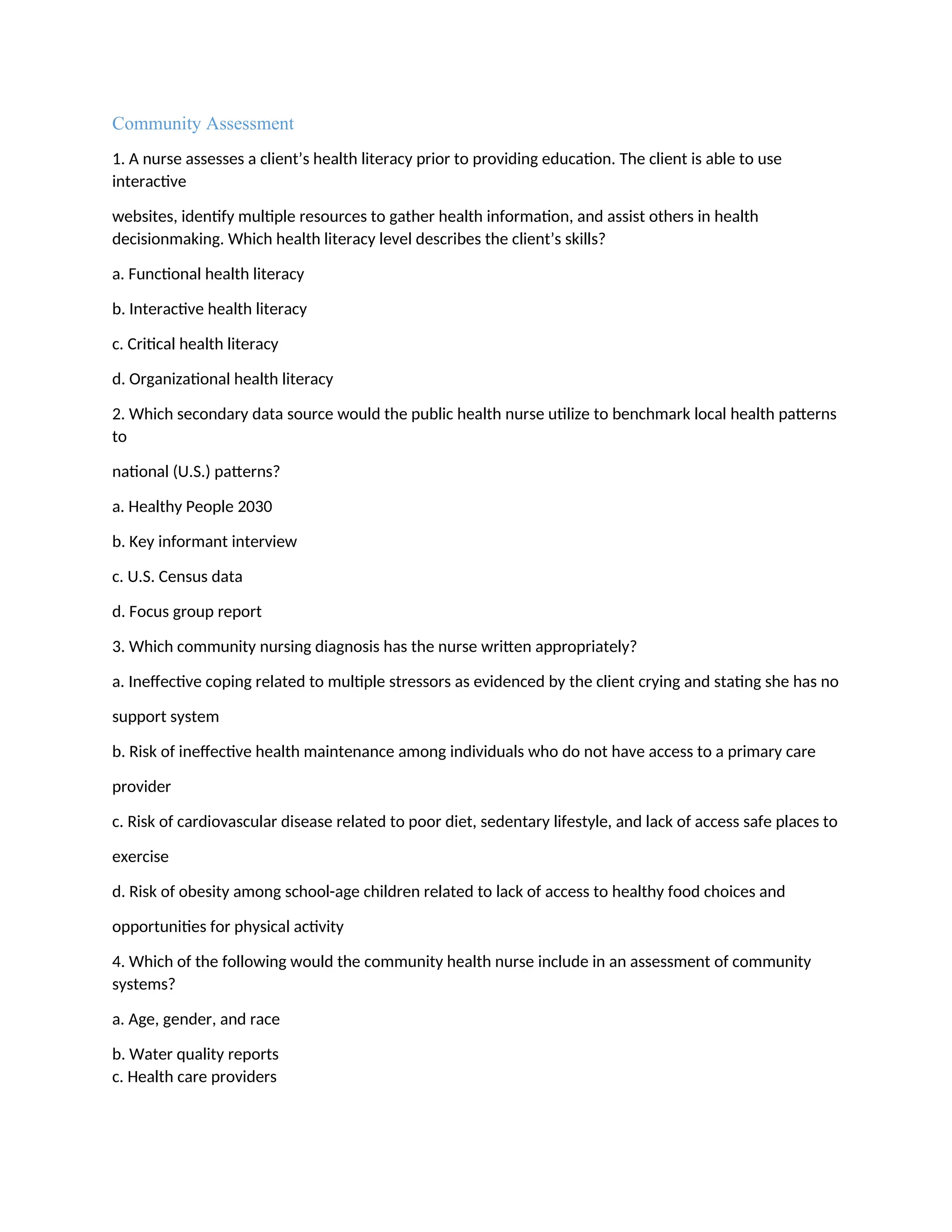 Community Health Assessment exam 2024.docx